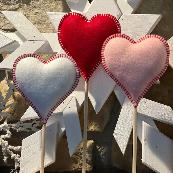 Valentines Day Decor, 3 Tall Standing Red White and Pink Felt Hearts ...