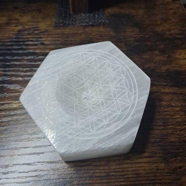 Pure Selenite Crystal Sphere Hexagonal Stand, Engraved With Metatron ...