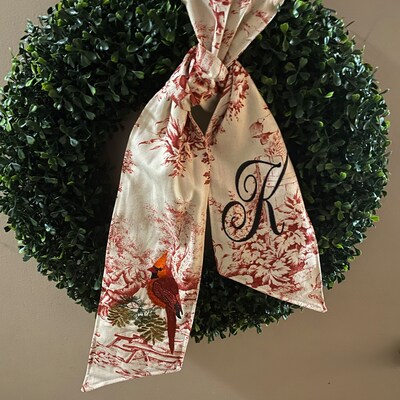 Cardinal Red Toile Holiday Wreath Sash for Front Door, Custom Monogram ...