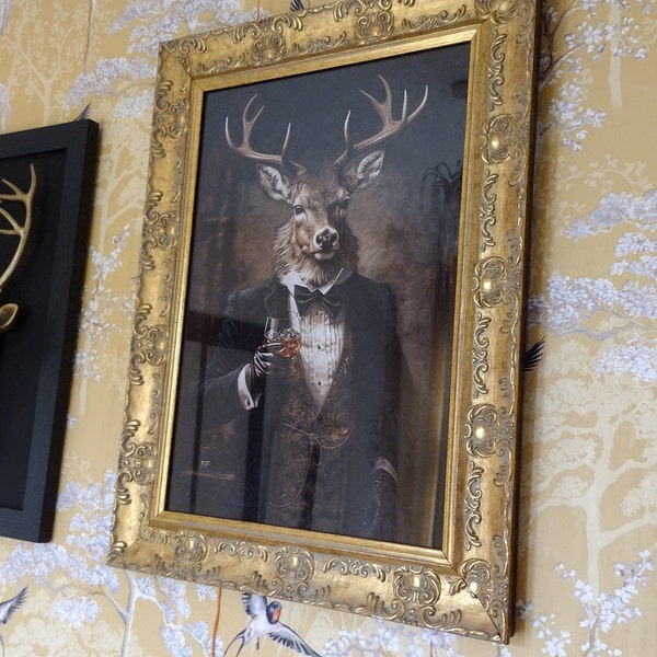 Stag Drinking Whisky Wall Art Print // Vintage Painting Style Portrait ...