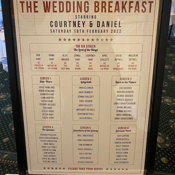 Cinema Wedding Table Plan / Film/ Movie / Theatre / Hollywood Themed ...