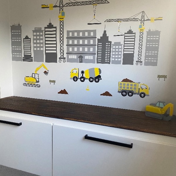 City Skyline Wall Stickers With Construction Truck Decals Excavator ...