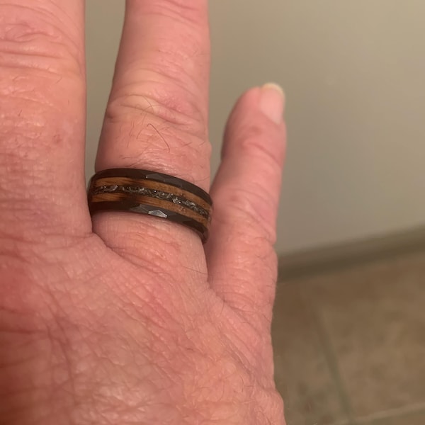 Hammered Meteorite & Charred Whiskey Barrel Ring, Black Tungsten Ring ...