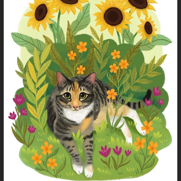 Custom Pet Portrait - Floral Background Drawing of Your Pets - Cat or ...