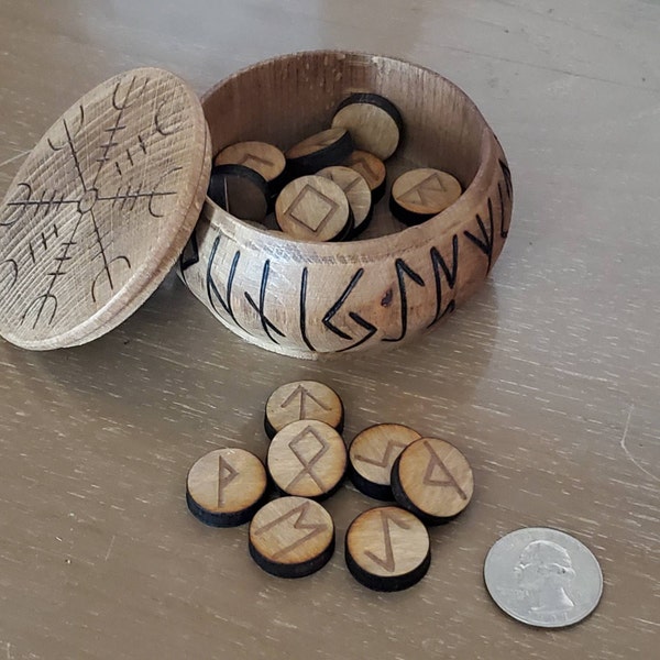 Hand Turned Alder Wood Box of 24 Dark Wood Runes Round Small Rune Set ...