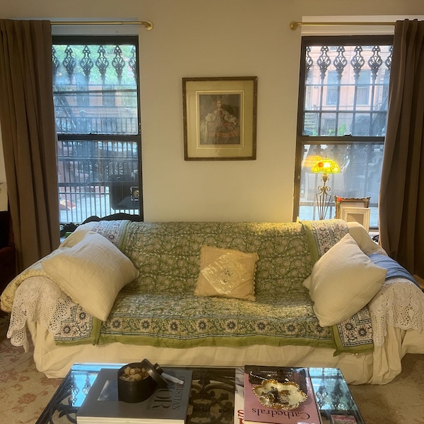 Yellow House Pink Rose Block Print Caftan, Organic Cotton Handmade ...