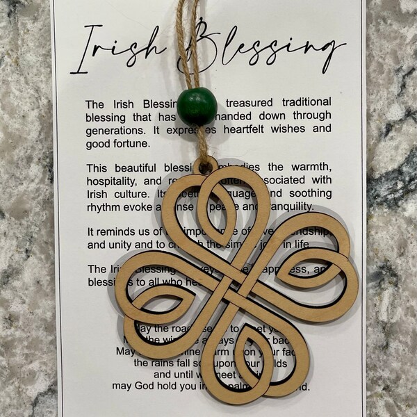 Irish Blessing Four Leaf Clover - Celtic Knot Ornament, Blessings Story Card, Car Charm, Irish ...