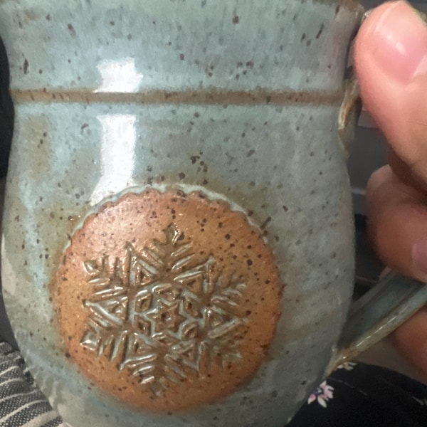 Winter Snowflake Pottery Coffee Mug With Thumb Rest Clay Holiday ...