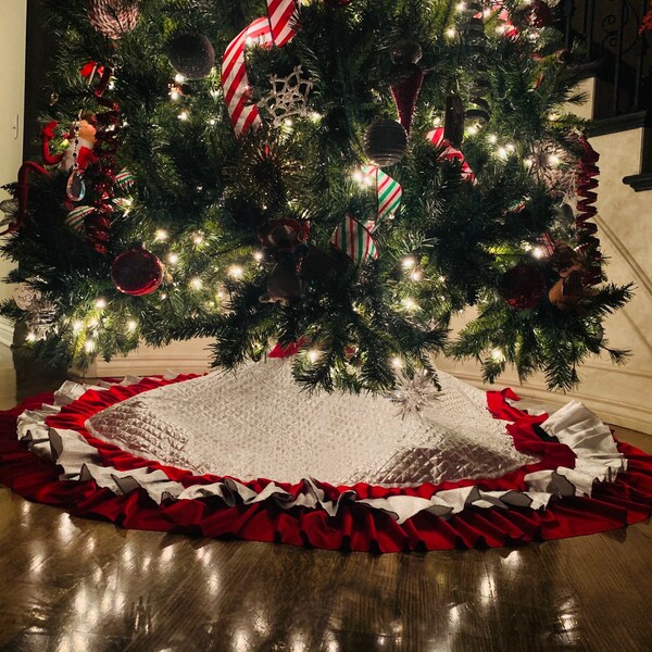 Silver Christmas Tree Skirt With Red Velvet Ruffles, 30'' to 100 ...