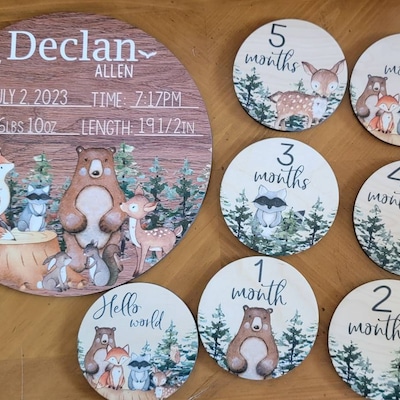 Woodland Birth Stat Sign, Round Wood Birth Stat Sign, Woodland Nursery ...