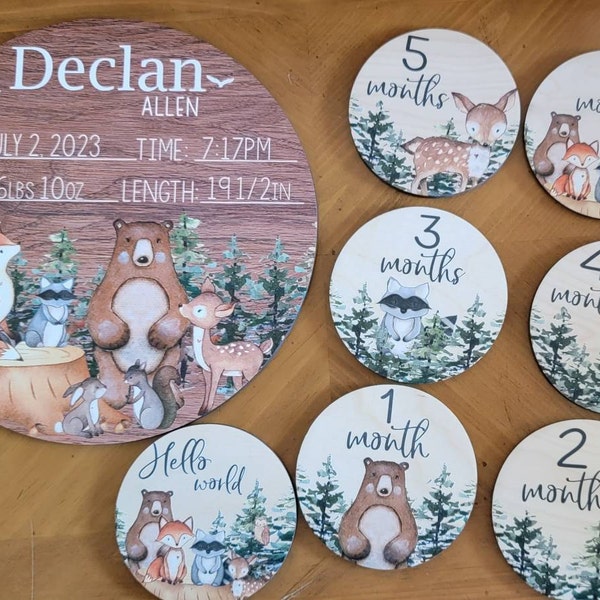 Woodland Birth Stat Sign, Round Wood Birth Stat Sign, Woodland Nursery ...