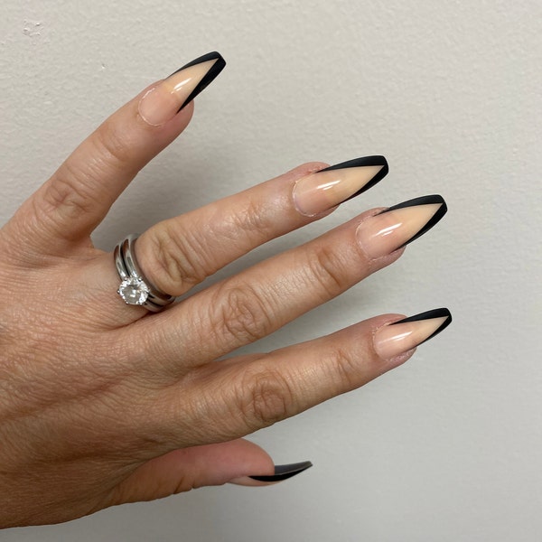 Black V Shape French Long Coffin Press on Nails 24 Pc Nail Set Fake ...