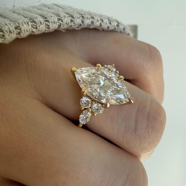 Radiant Diamond Engagement Ring 5 Diamond Proposal Ring for Her Double ...