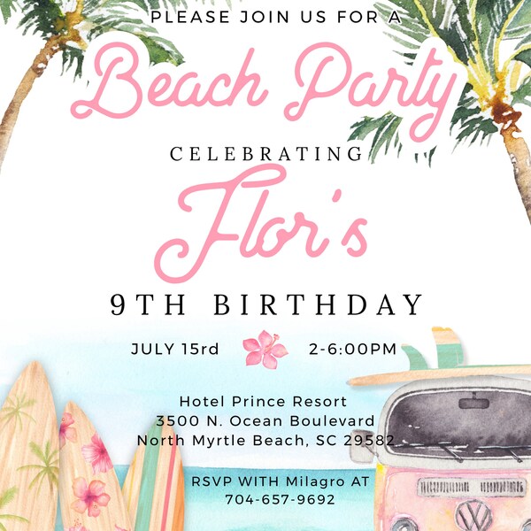 Girl Beach Party Birthday Invitation, Evite Ocean Birthday Invitation ...