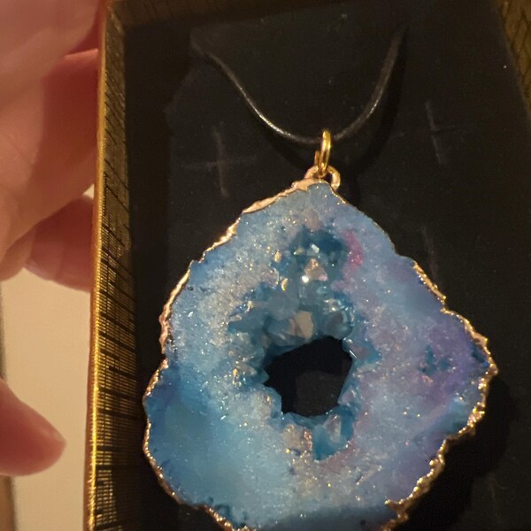 White Aura Geode Quartz Necklace, Gold Electroplated Stone, Leather ...