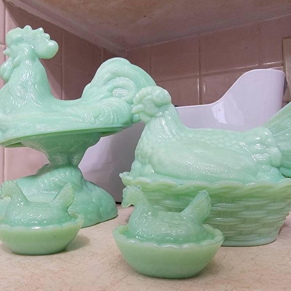 Jadeite Depression Style Glass Nesting Chicken Hen on Nest Candy Dish W ...