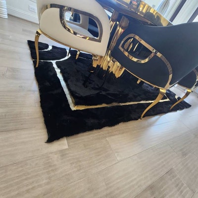 Plush Faux Leather Black Gold Kitchen Rug, Black Faux Leather Rug ...