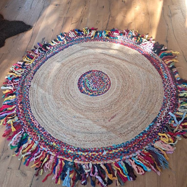 Indian Handmade Braided Jute Chindi Rug With Fringe Round Rug Home ...