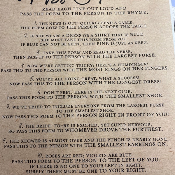 Pass the Poem Bridal Shower Printable Game . Bachelorette Hens Party ...