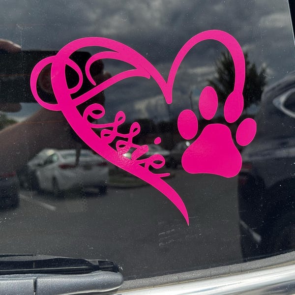 Paw Print Car Decal With Name, Heart Dog Lover Vinyl Decal for Car ...