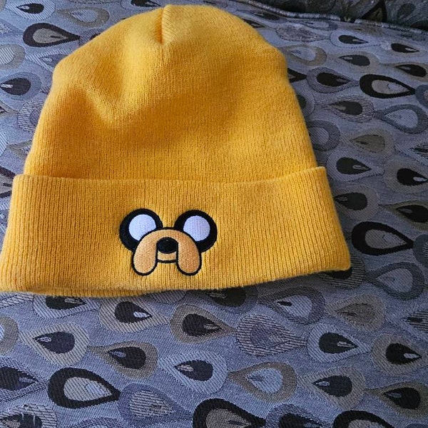 Jake Beanie – Embroidered Cartoon Dog Hat – Yellow Knit Cuffed Beanie ...