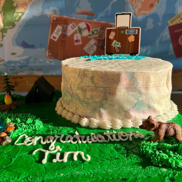 Vintage World Map Edible Cake Wrap or Pinwheel and Congrats Cake ...