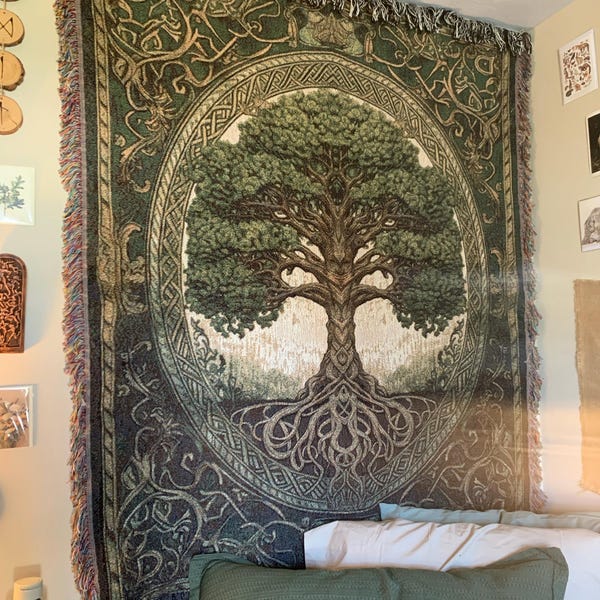 Medieval Tree of Life Woven Throw Blanket | Warm Botanical Wall Hanging ...