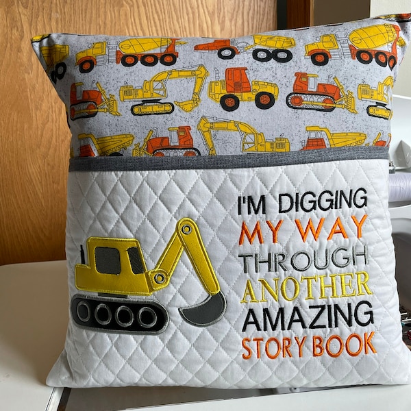 Digger Construction Design Reading Pillow Embroidery Applique, 5 X 7 ...