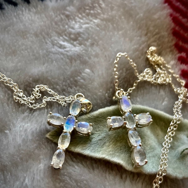 Rainbow Moonstone Cross Pendant, 925 Sterling Silver, Natural Stone ...