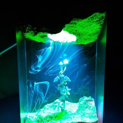 Epoxy Resin Ocean Lamp, Manta Rays and Jellyfish With Diver in Atlantic ...