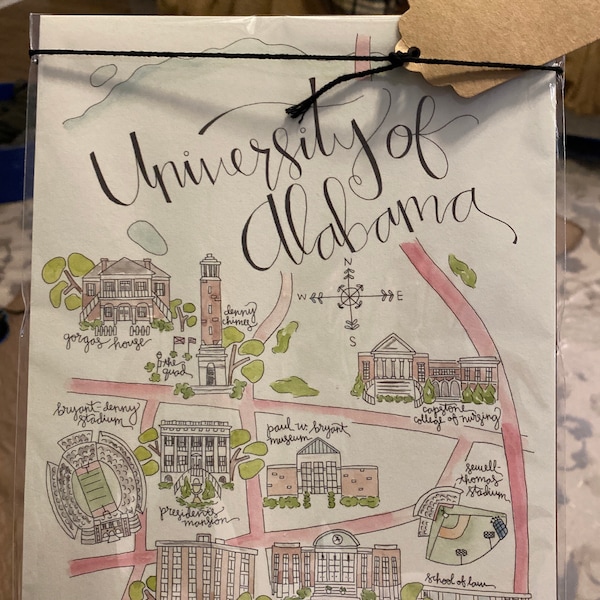 University of Alabama, Tuscaloosa AL Map Watercolor Art Print - Etsy