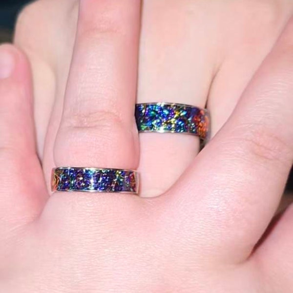 Titanium Wedding Band Set: Fire Burl Dichrolam Inlay, Promise Rings - Etsy