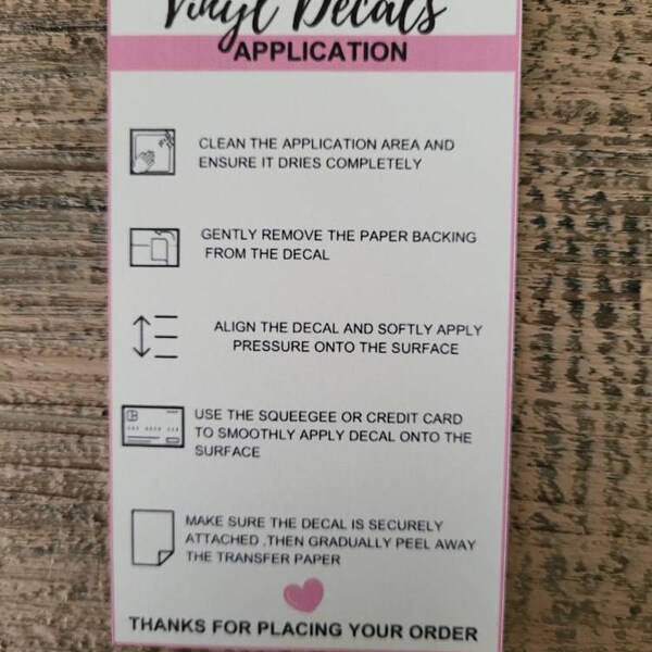 Vinyl Decal Application Card, Printable Vinyl Decal Care Card Instructions, Small Business ...