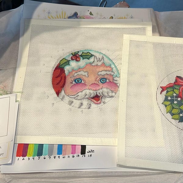 Jolly Santa Hand Painted Needlepoint Canvas, 4" Perfect Size Ornament ...