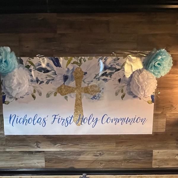 First Holy Communion Banner, Blue Floral Gold Cross 1st Communion Party ...