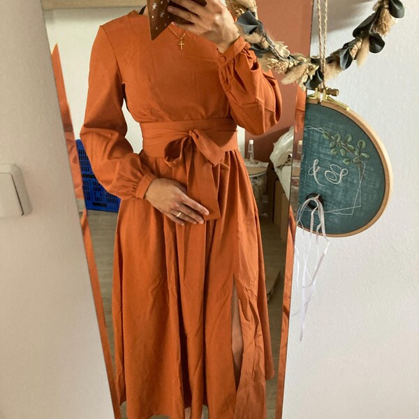 Rust Orange Long Slit Dress With Belt, Bridesmaid Dress, Cocktail Dress ...
