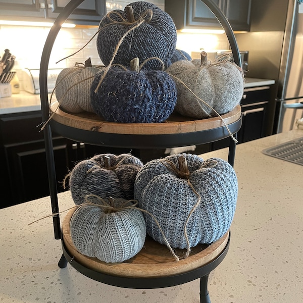 Handmade Coastal Blue Up-cycled Sweater Pumpkins for Fall Decor, Set of ...