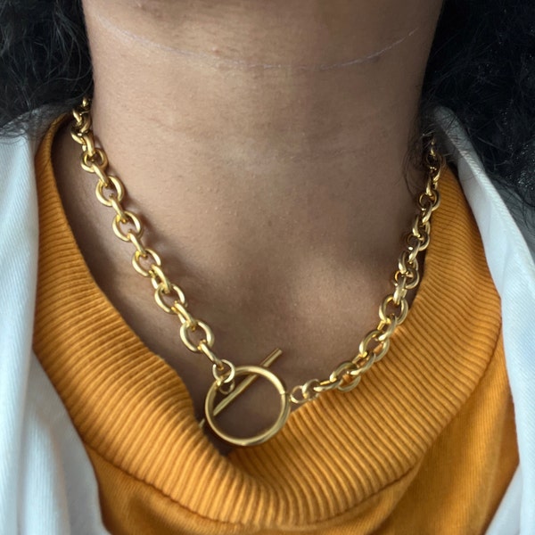 Gold Toggle Bar Chunky Choker Necklace, Chunky T-bar Chain Link ...