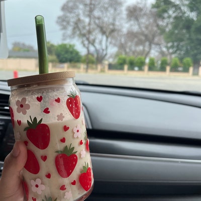 White Flower Glass Cup With Lid and Straw Floral Tumbler - Etsy