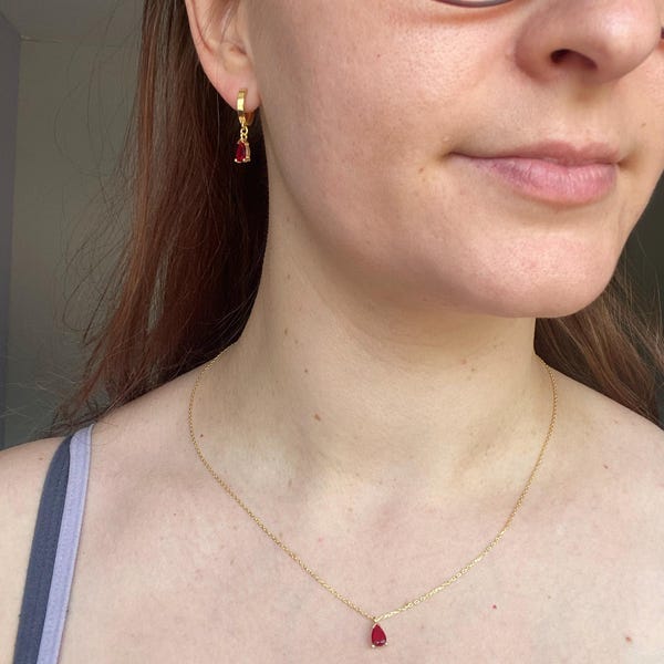 Ruby Red Jewelry Set Pear Ruby Necklace and Hoop Earrings - Etsy Australia
