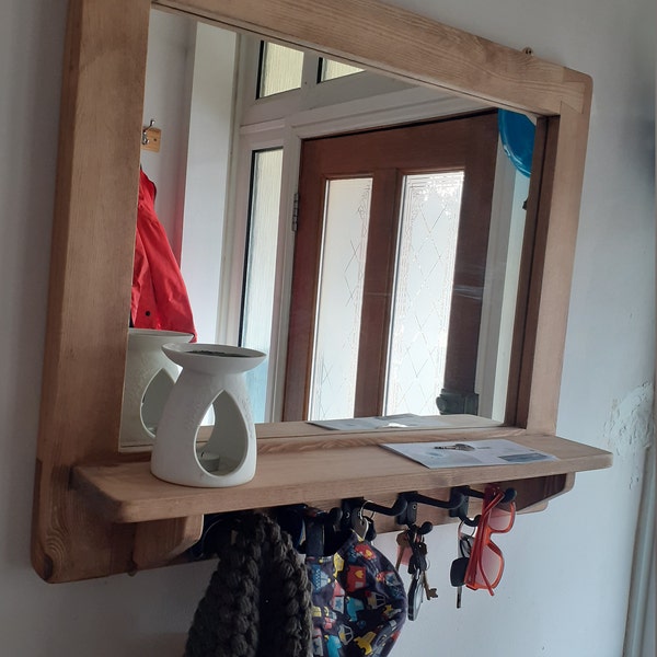 Large Mirror With Shelf & 5 Iron Hooks, Wide Rustic Wooden Frame, 76W X ...