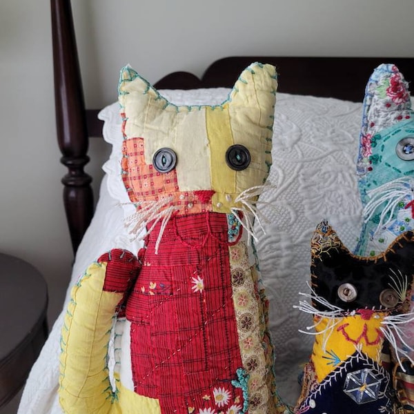 Vintage Star Quilt Cat & Her Kittens Pillow Handmade 13x9 Primitive ...