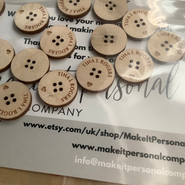 Personalised 20mm Wooden Birch Buttons for Handmade Products, Crochet ...