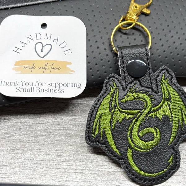 Embroidered Dragon Keychain : Winged Dragon Silhouette Key Fob or Bag ...