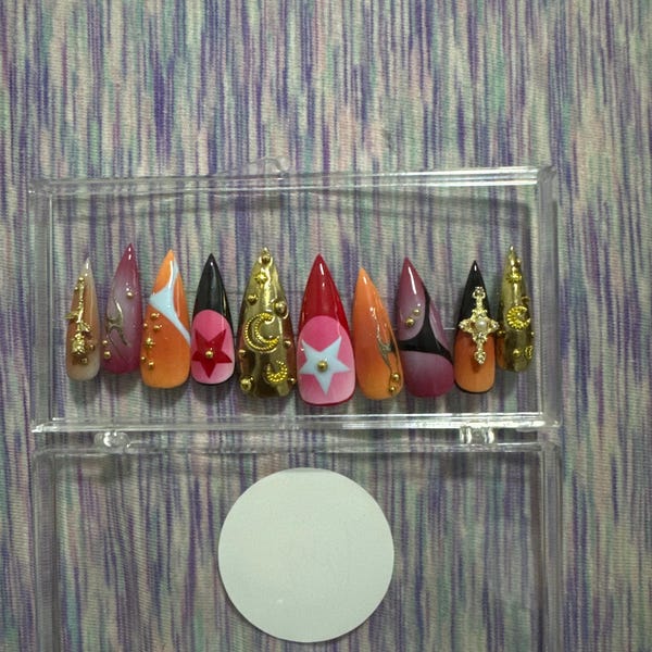 Bold Color Airbrush Long Stiletto Press on Nails, 3D Glam Goth False ...