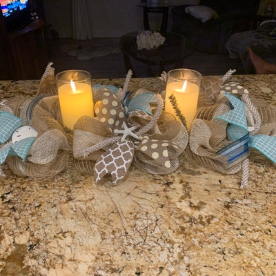 Blue Burlap Table Centerpiece, Coastal Centerpiece, Farmhouse ...