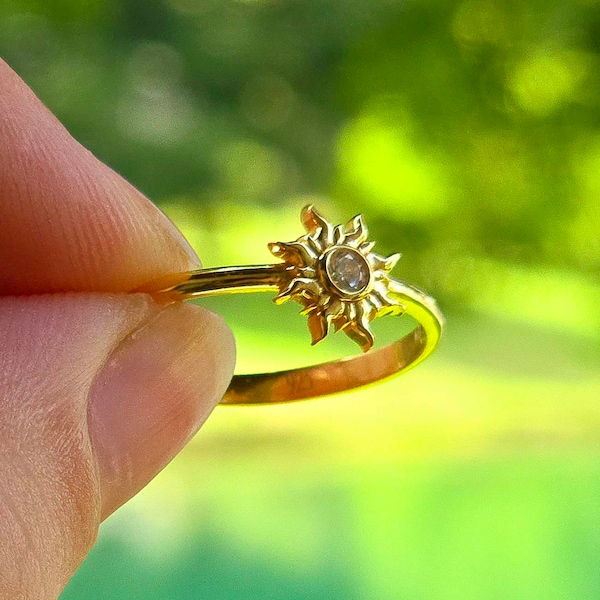 14K Solid Gold Sun Ring, Sterling Silver Sun Ring, Birthstone Ring ...