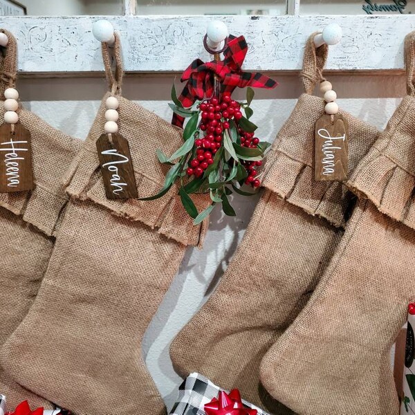 Beaded Wooden Christmas Stocking Name Tag, Personalized Stocking Tag ...
