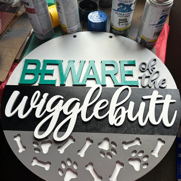 Beware of the Wigglebutt Singular Dog Lover Sign Round Door Hanger ...