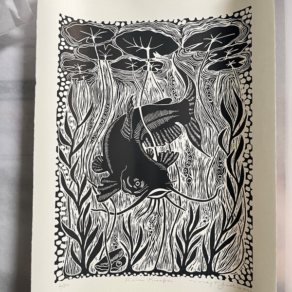 River Keeper Linocut in Black,underwater River Life , Lino Print Nature ...